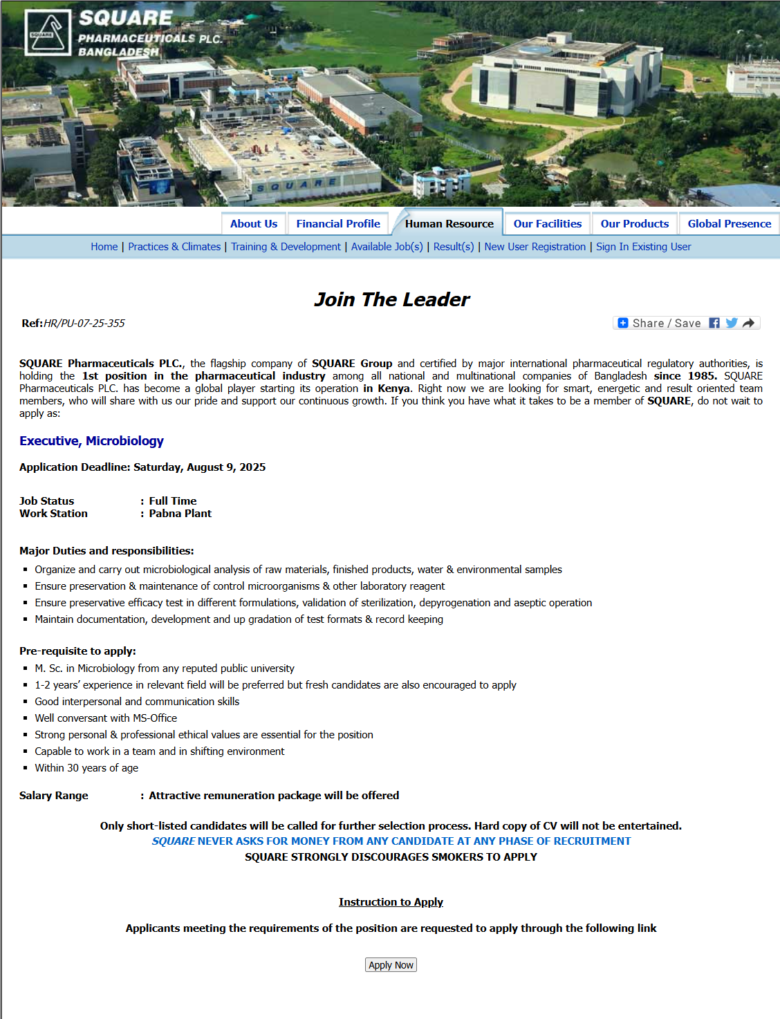 Executive, Microbiology (Pabna Unit) : Square Pharmaceuticals PLC | Job ...