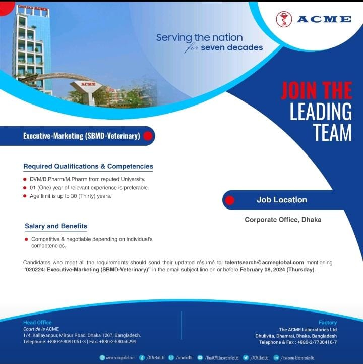Executive- Marketing (SBMD-Vet) : ACME Laboratories Ltd. | Job Details ...